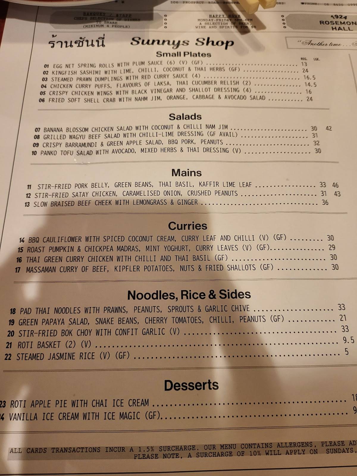 Menu at Sunnys Shop restaurant, Prospect