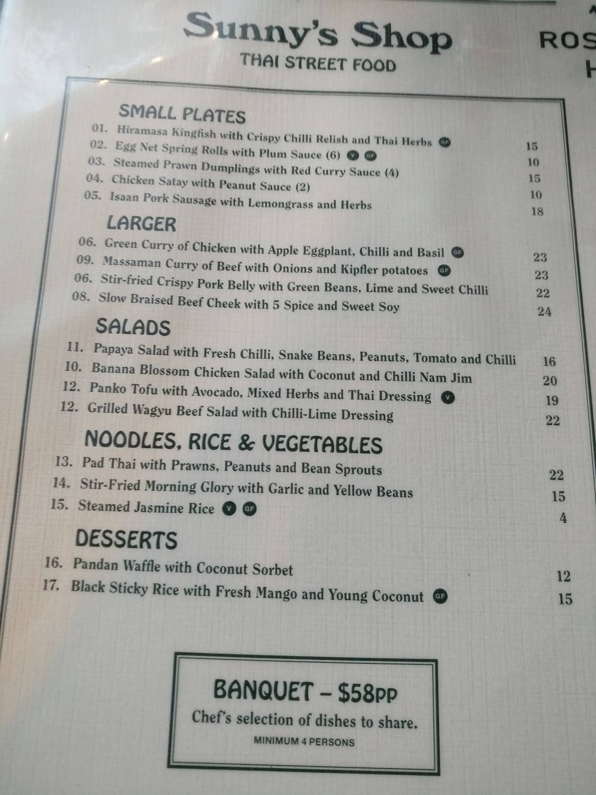 Menu at Sunnys Shop restaurant, Prospect