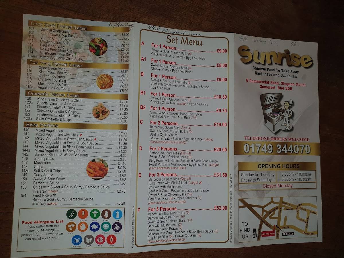 Menu at Sunrise fast food, Shepton Mallet