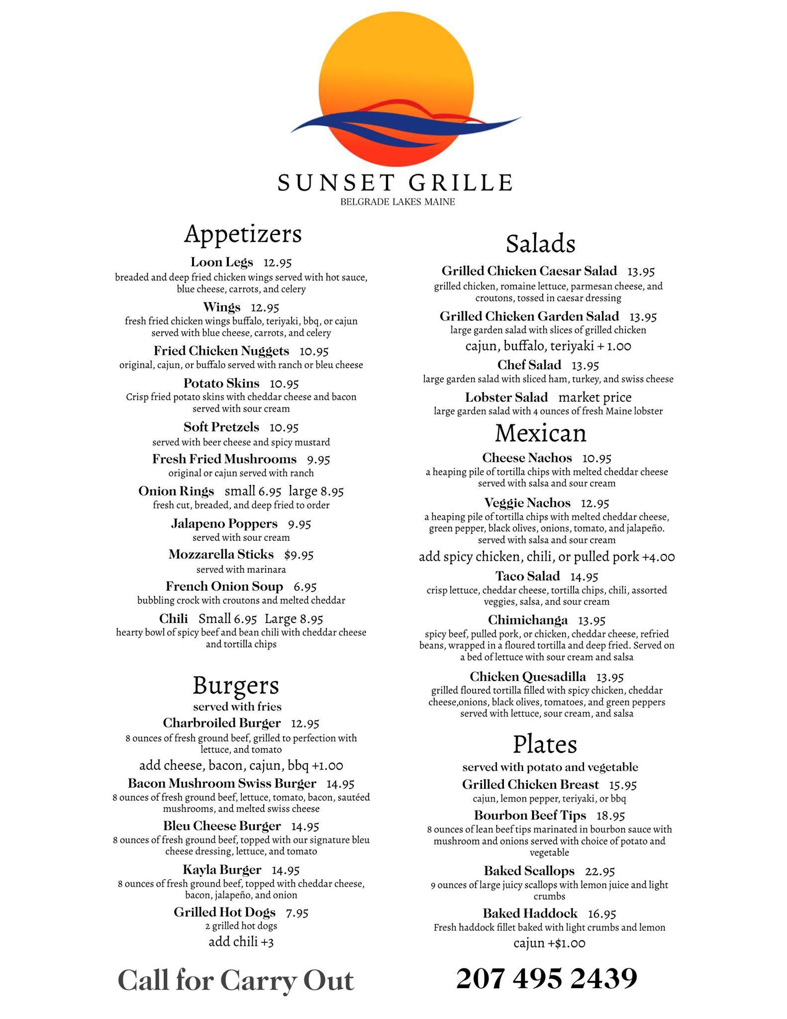 Menu at Sunset Grill pub & bar, Belgrade, 1214 West Rd