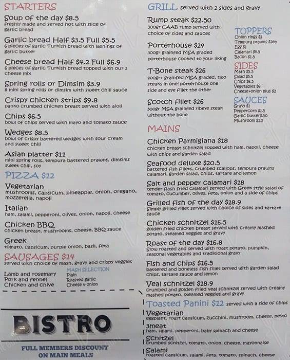 Menu at Sunshine RSL pub & bar, Sunshine