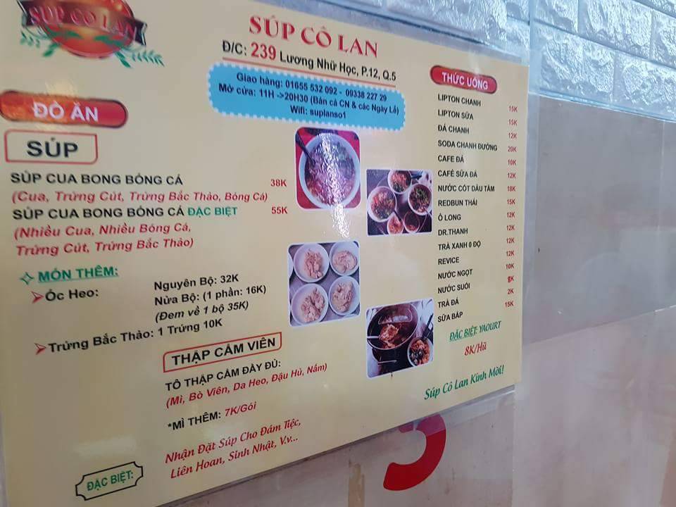 Carta del restaurante Súp Cua BongBóng Cá CÔ LAN, Ciudad Ho Chi Minh ...
