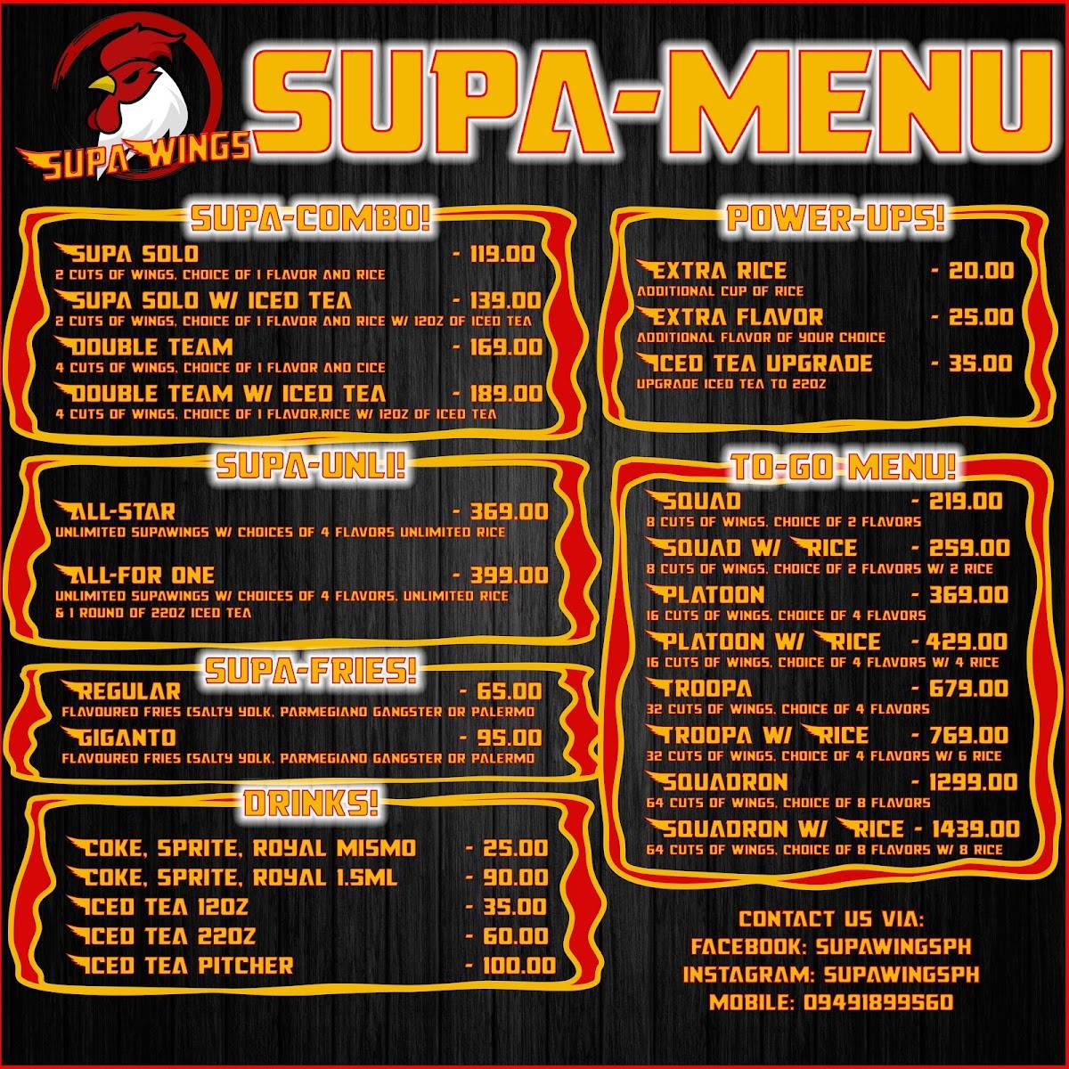 Carta del restaurante Supawings, Calamba