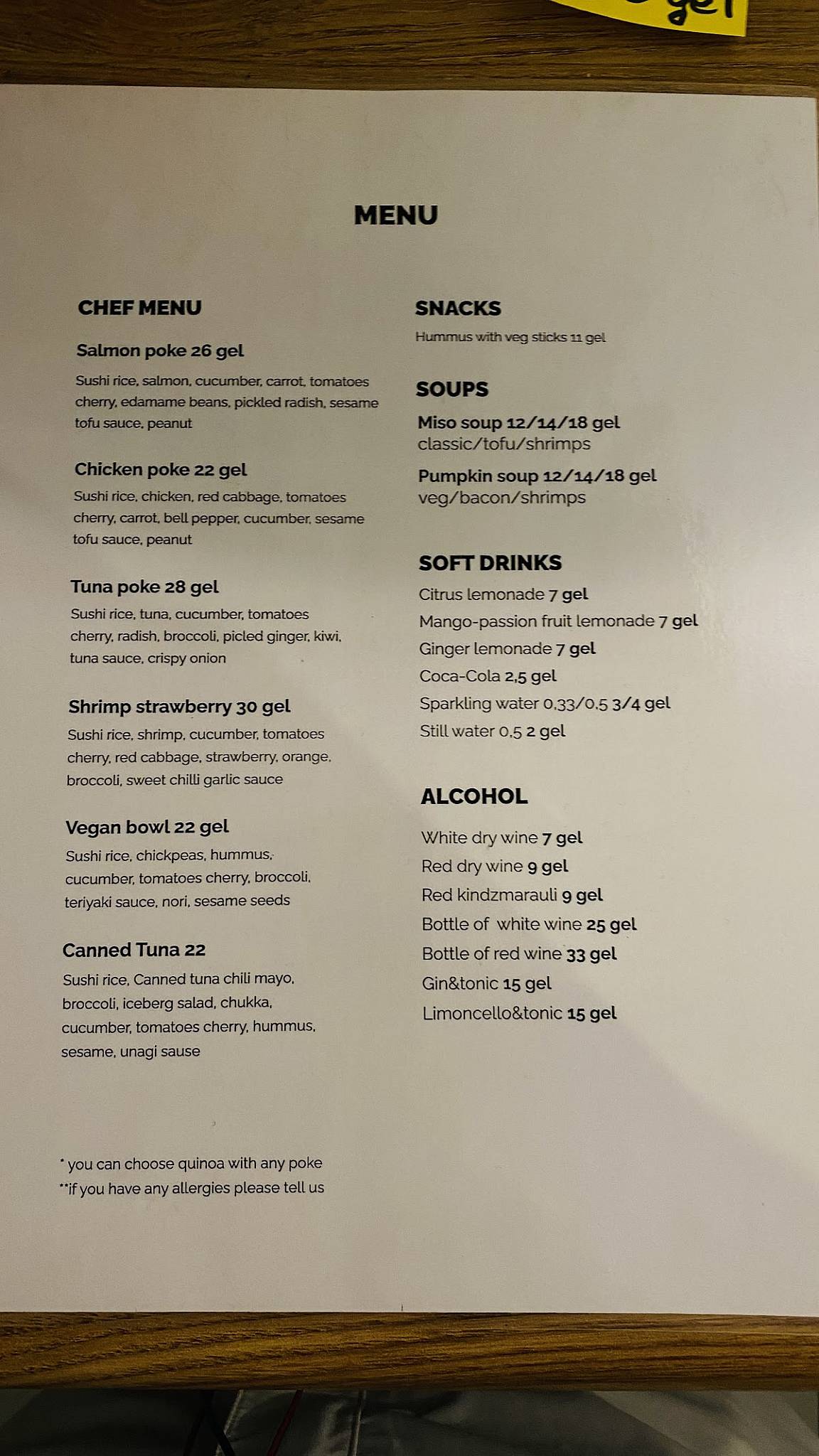 Menu au Super Bowl café, Tbilissi