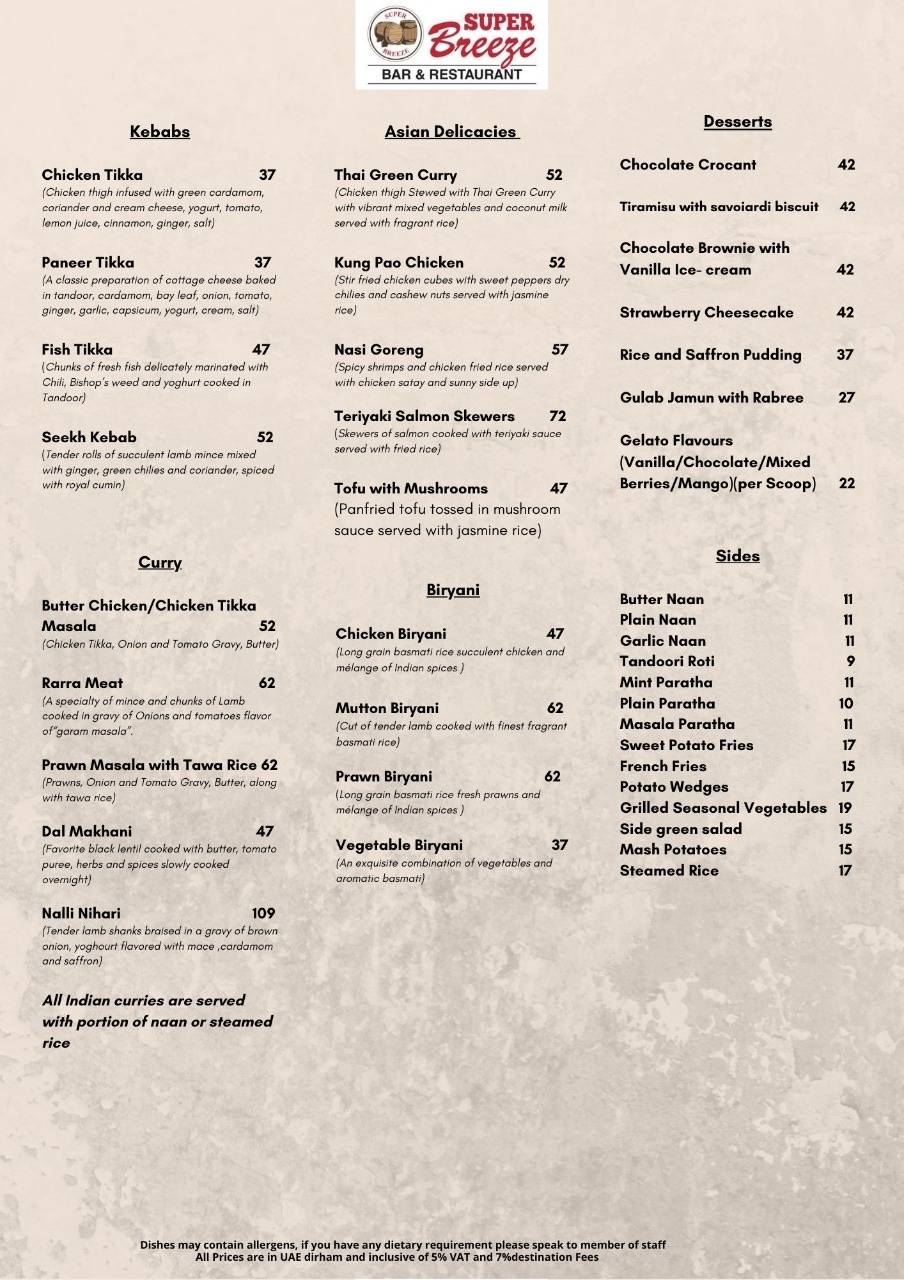 Menu at Super Breeze Bar & Restaurant, Al Jazirah Al Hamra