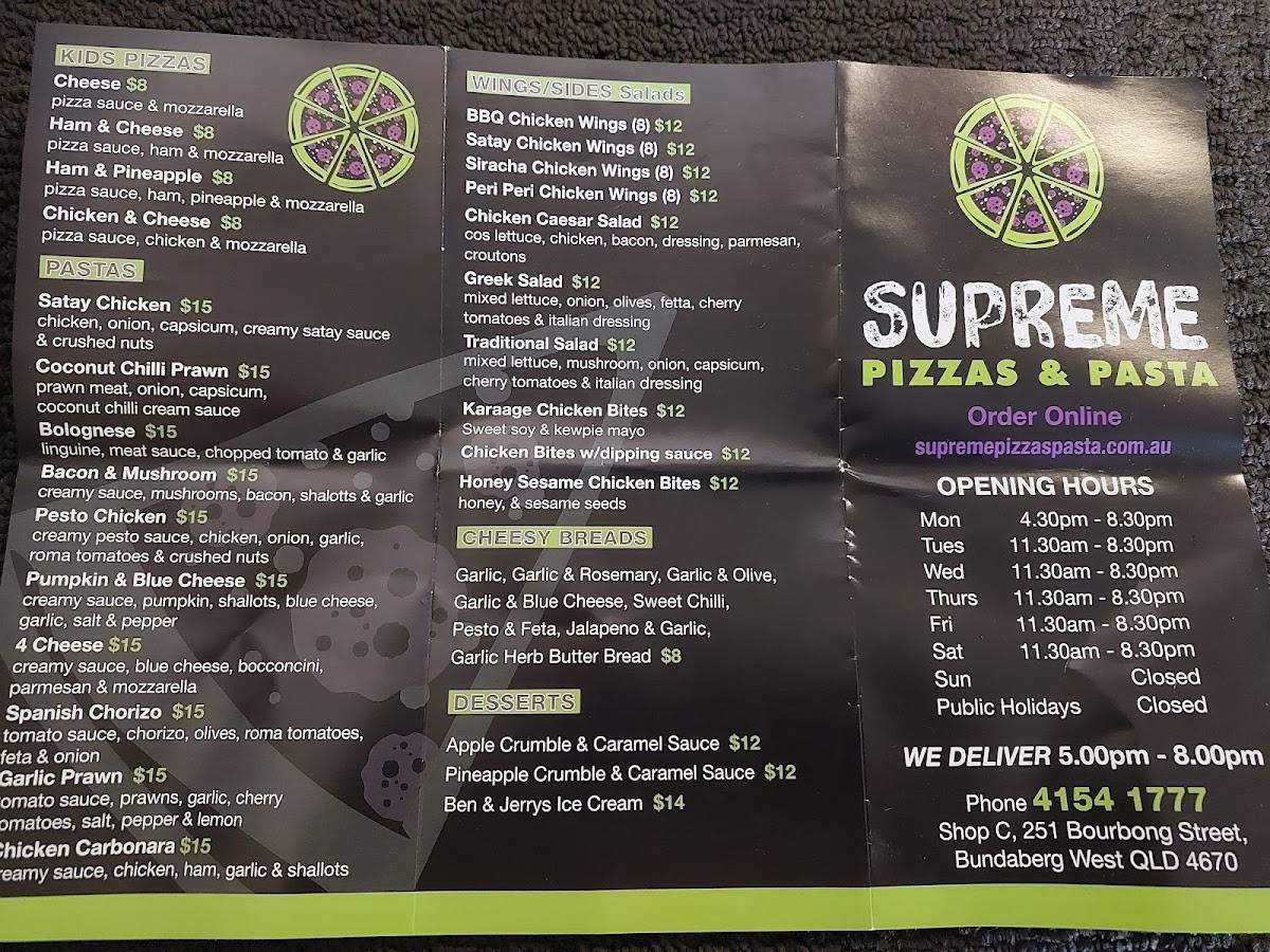 Menu at Supreme Pizza & Pasta pizzeria, Bundaberg West