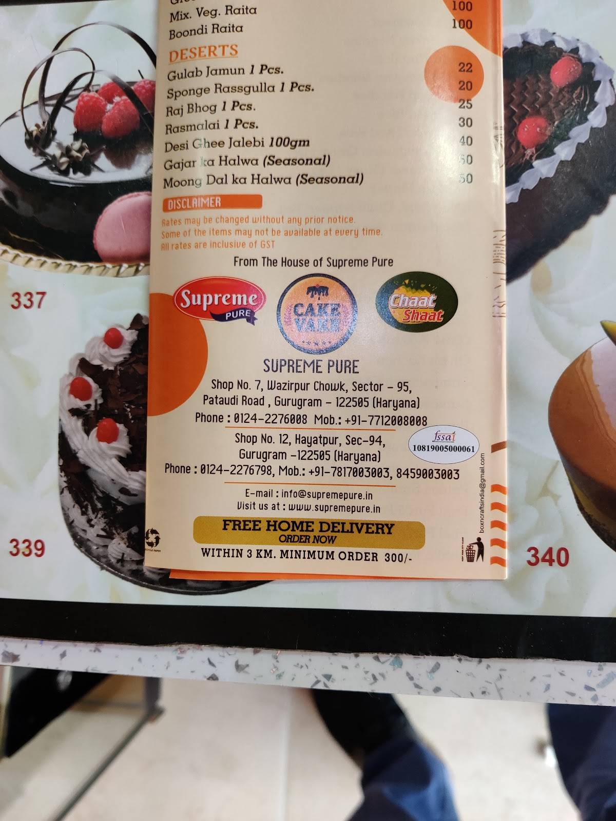 Menu at Supreme Pure, Gurugram