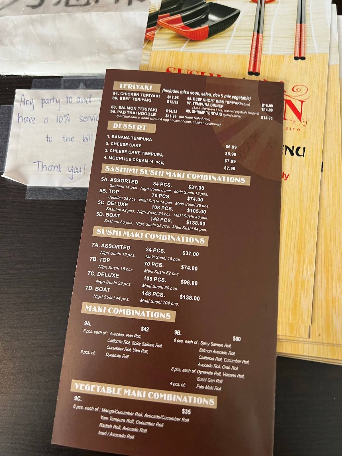 Menu at Sushi Gen restaurant, Winnipeg, 500 Portage Ave