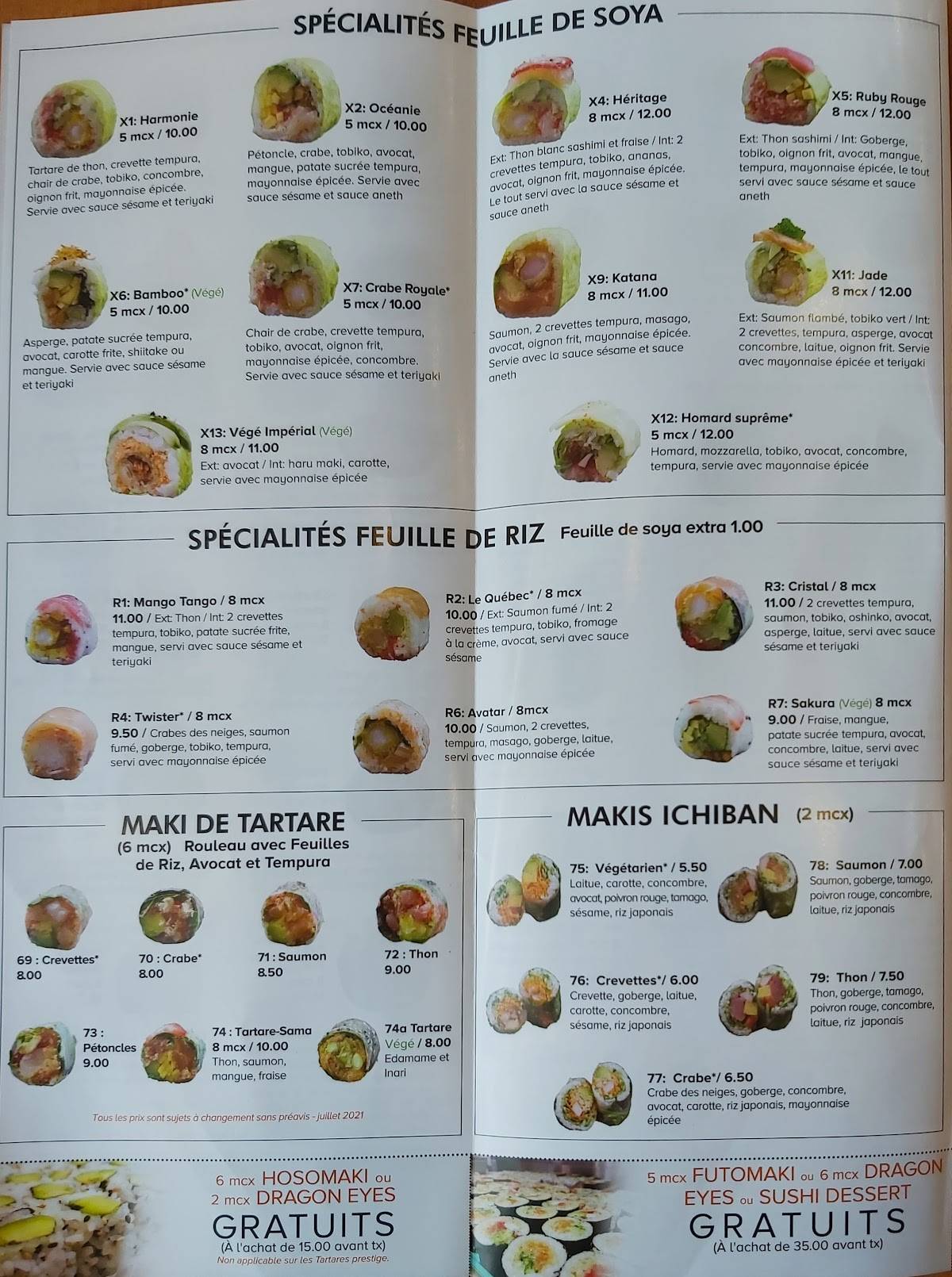Menu au Sushi Sama Gouin O. restaurant Montreal