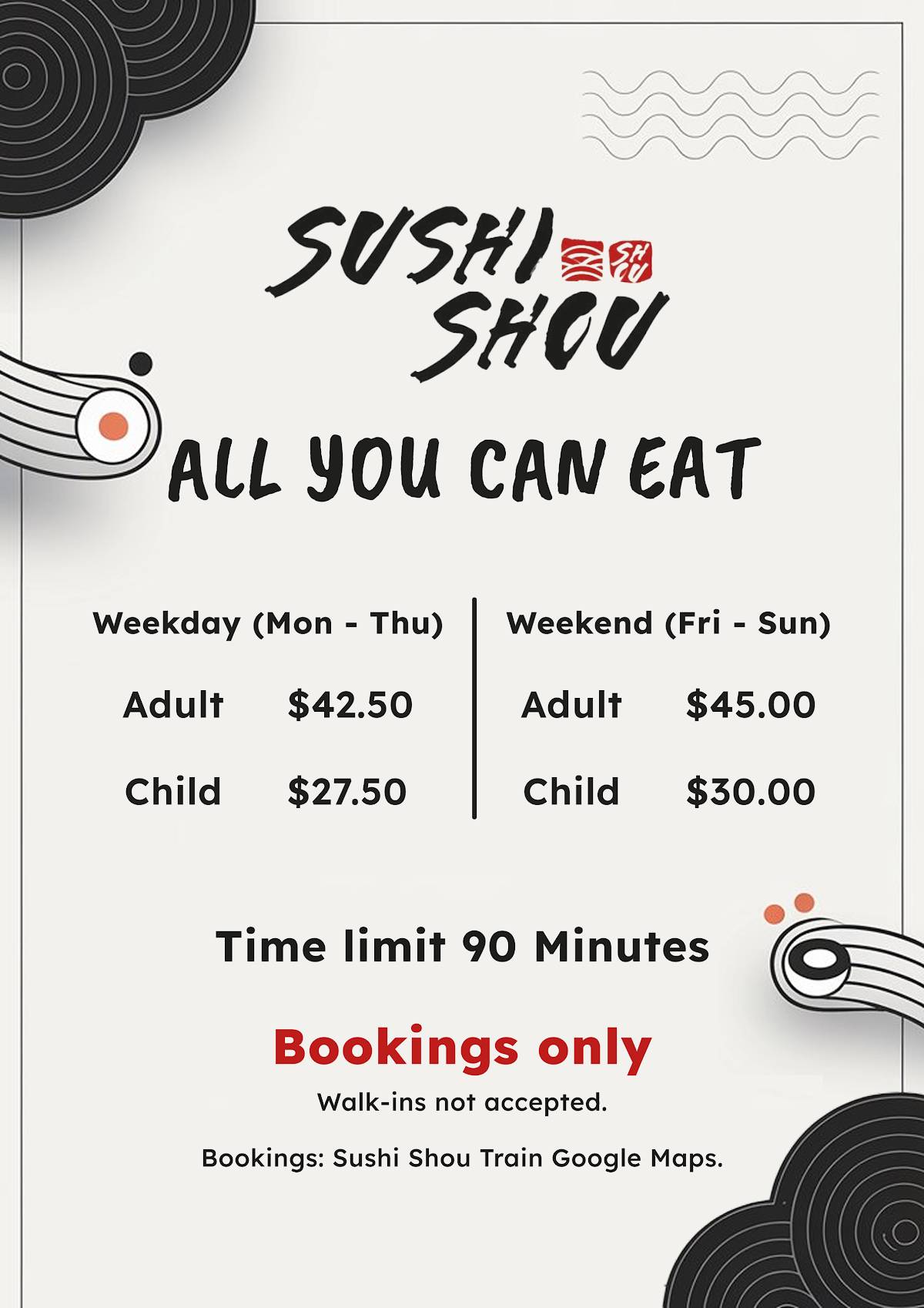Menu at Sushi Shou Train restaurant, Coorparoo