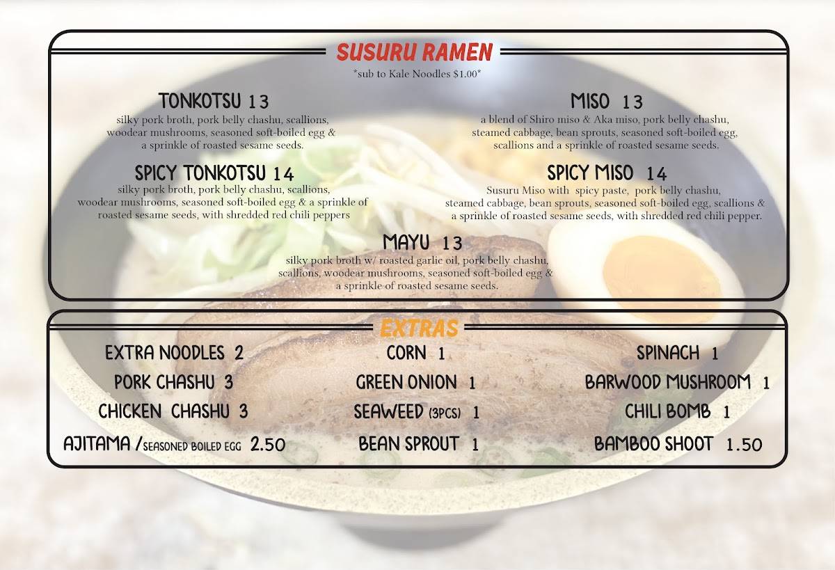 Menu at Susuru Ramen Bar, Los Angeles