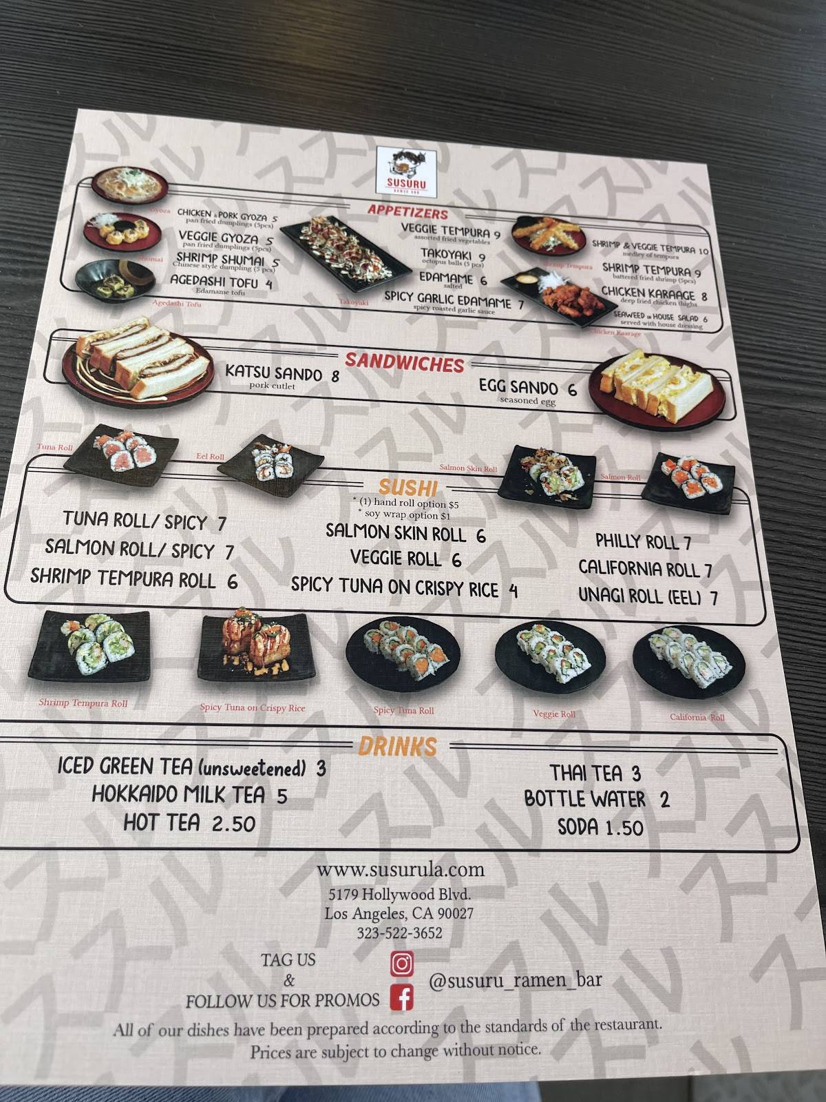 Menu at Susuru Ramen Bar, Los Angeles