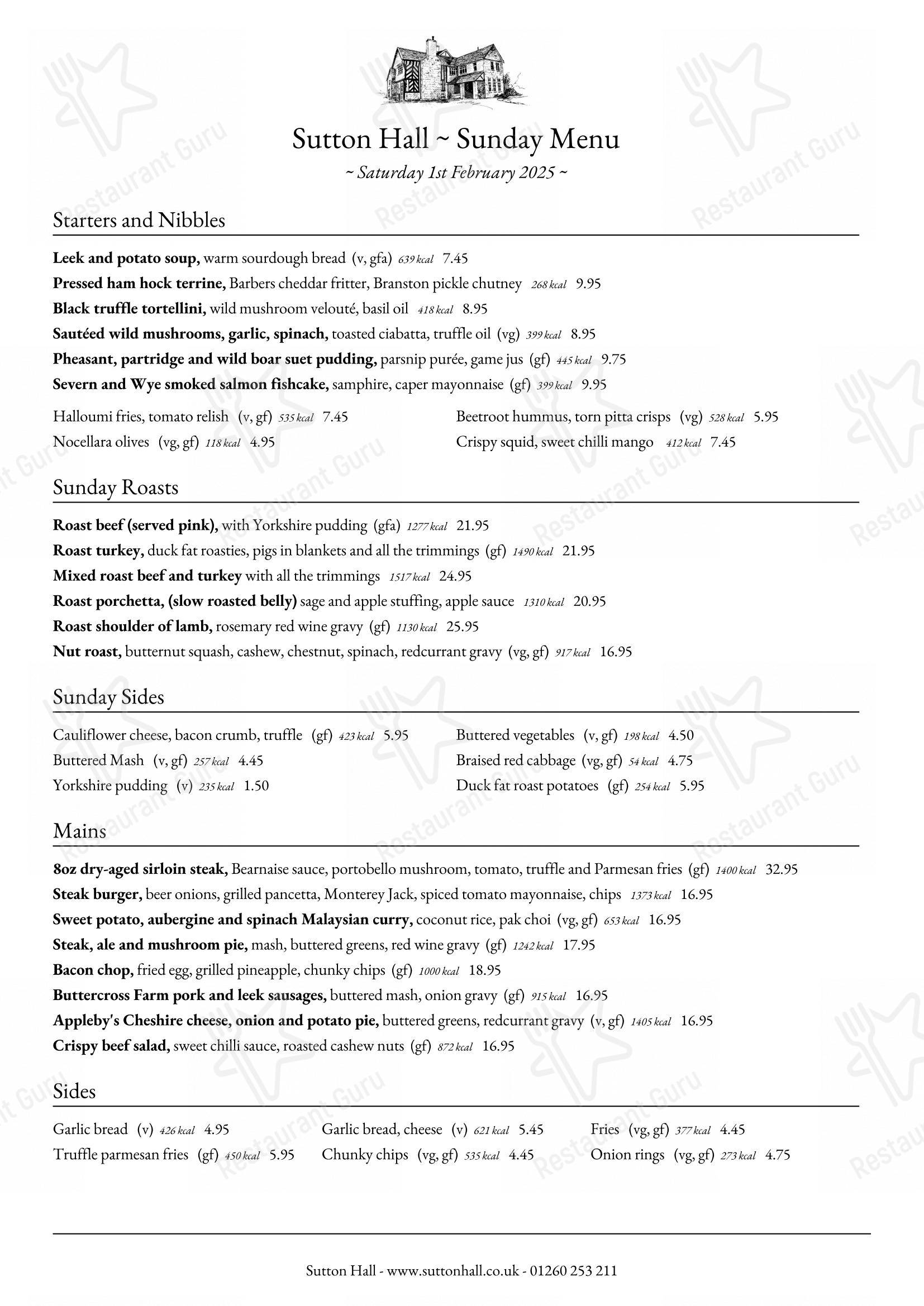 Menu at Sutton Hall pub & bar, Macclesfield