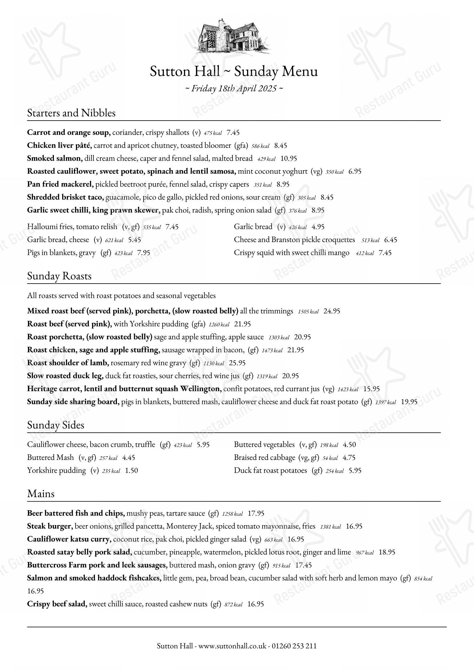 Menu at Sutton Hall pub & bar, Macclesfield