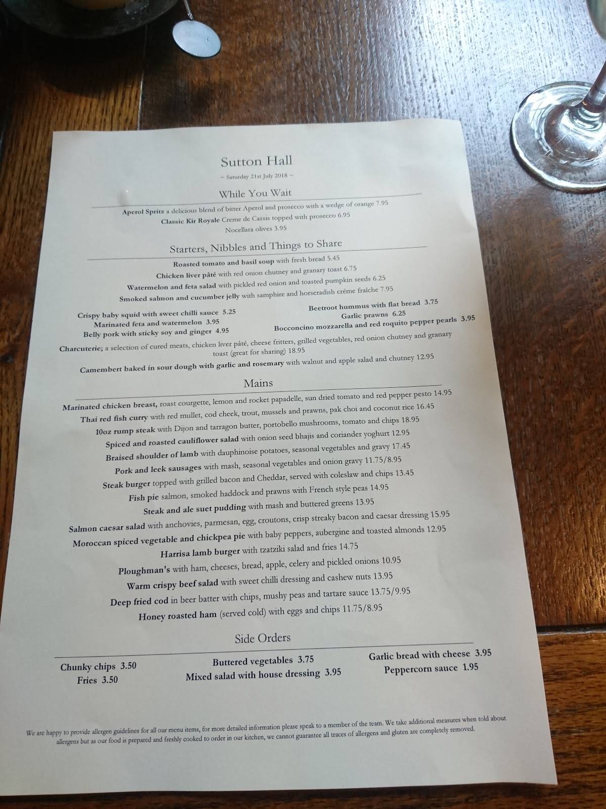 Menu at Sutton Hall pub & bar, Macclesfield