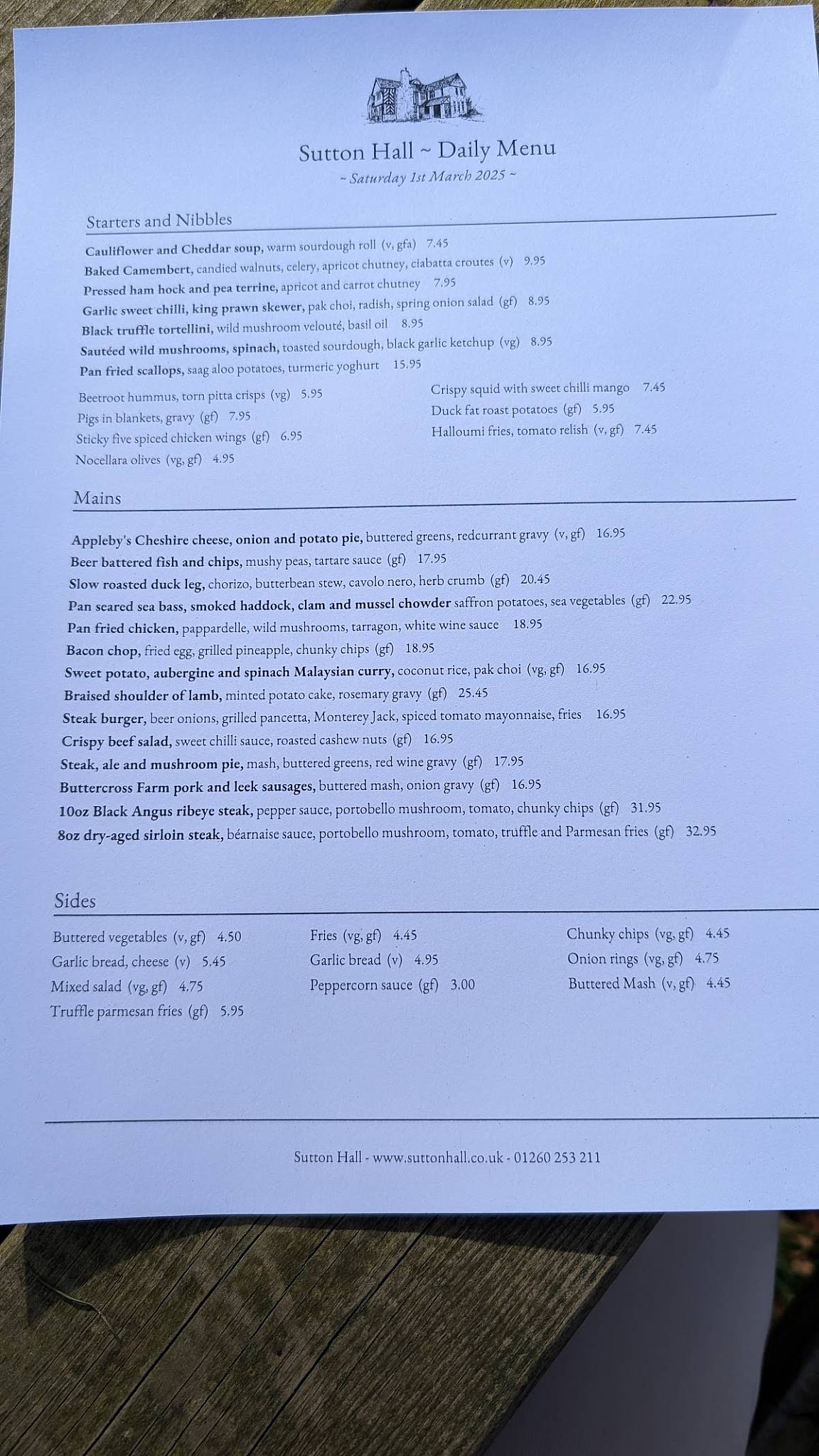 Menu at Sutton Hall pub & bar, Macclesfield