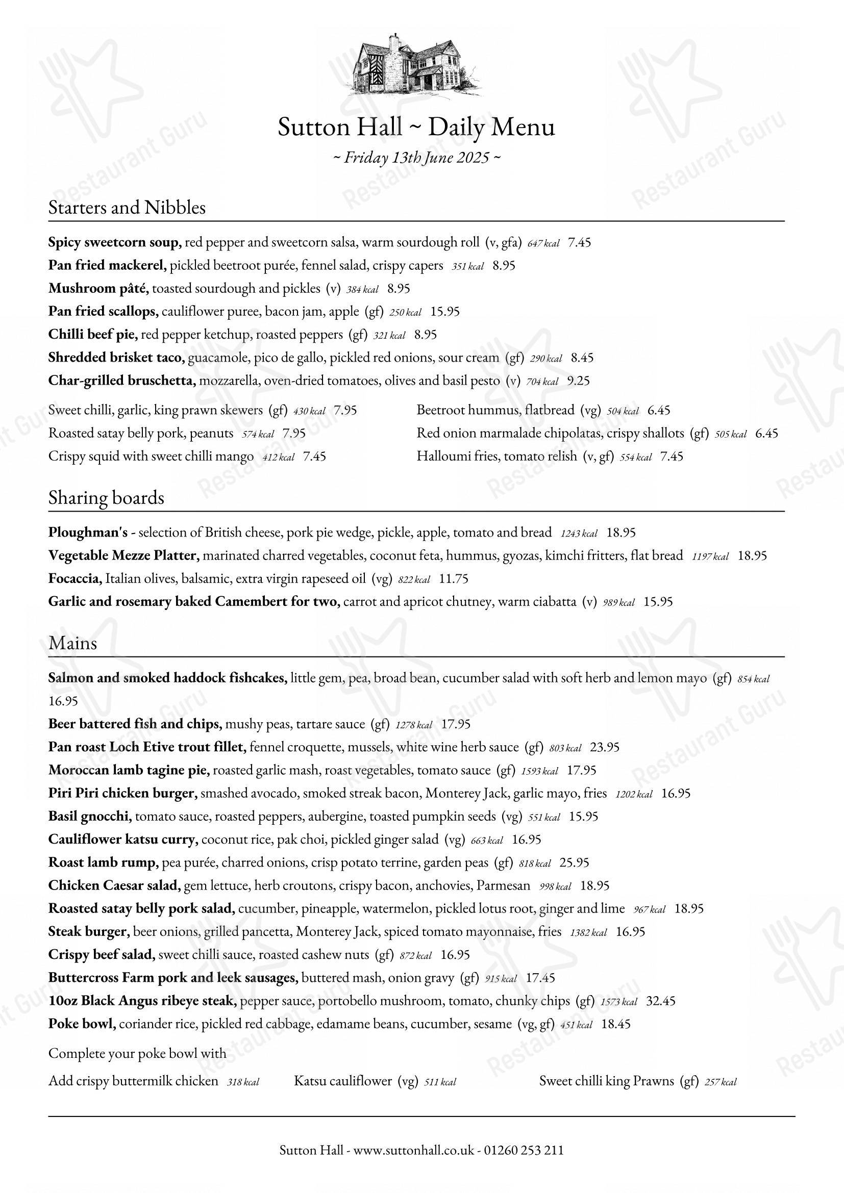 Menu at Sutton Hall pub & bar, Macclesfield