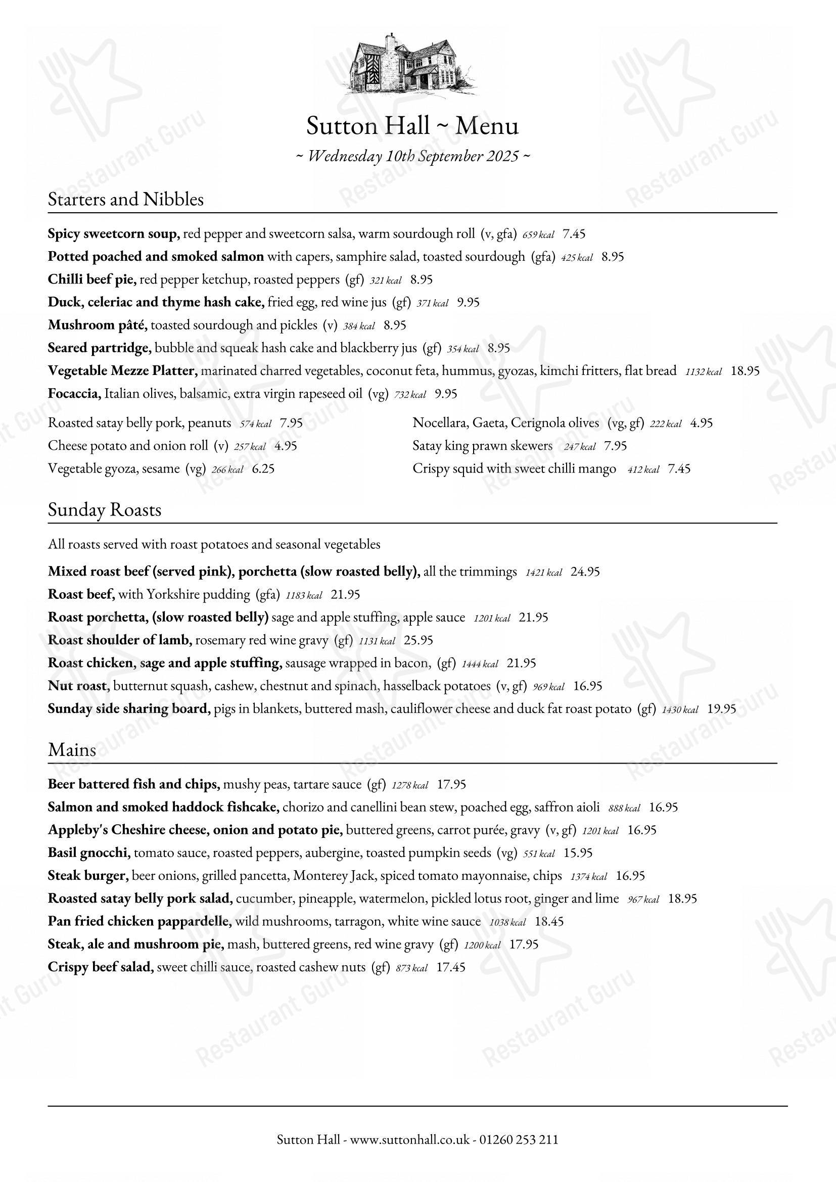 Menu at Sutton Hall pub & bar, Macclesfield
