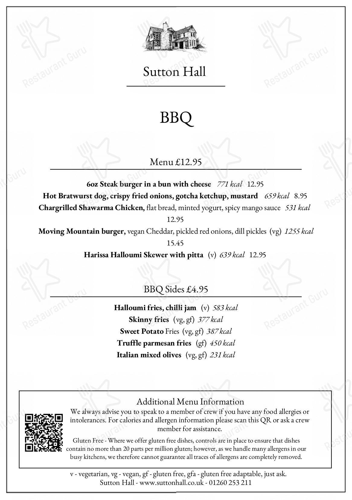 Menu at Sutton Hall pub & bar, Macclesfield