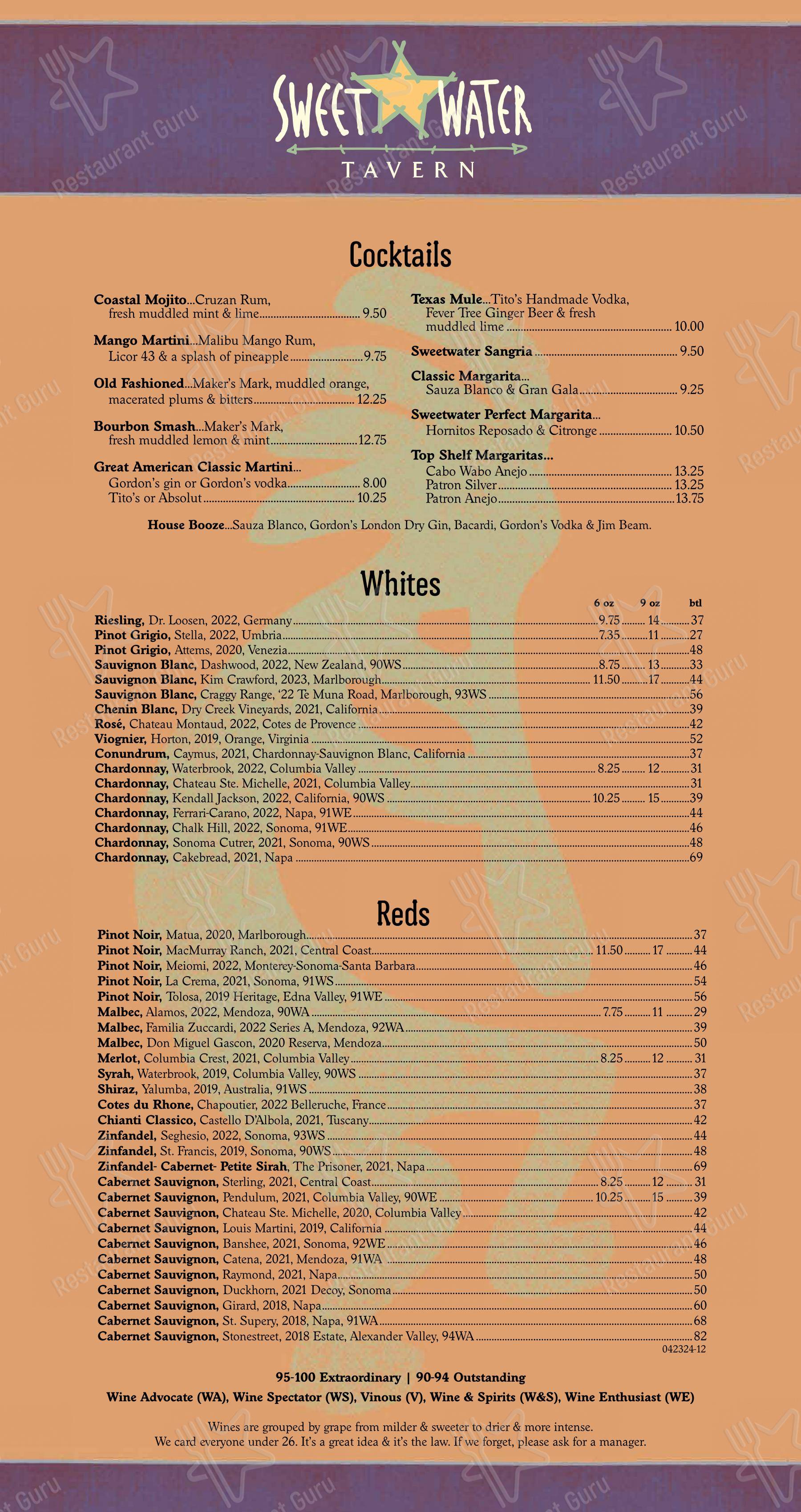 Menu at Sweetwater Tavern restaurant, Sterling