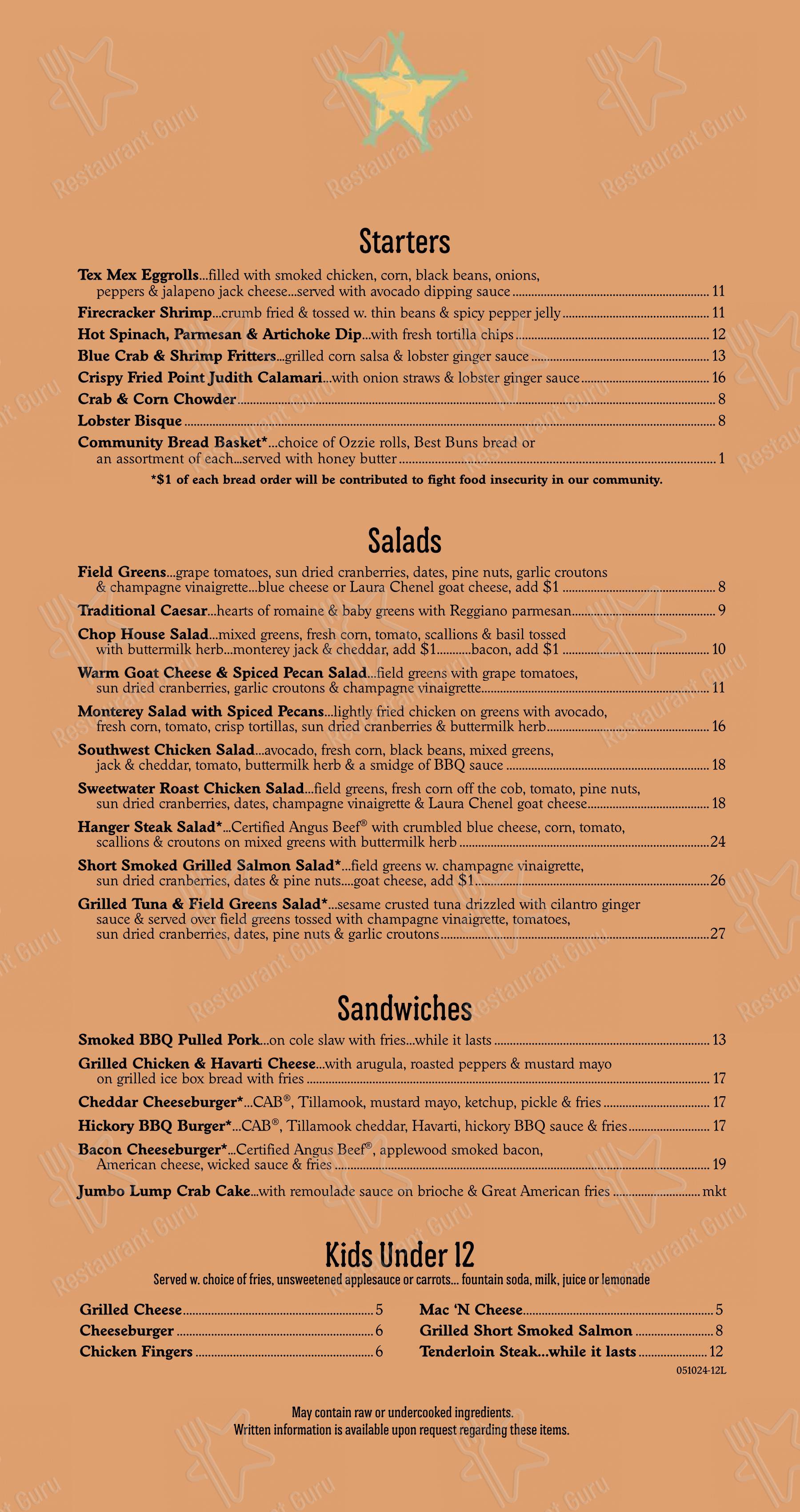 Menu at Sweetwater Tavern restaurant, Sterling