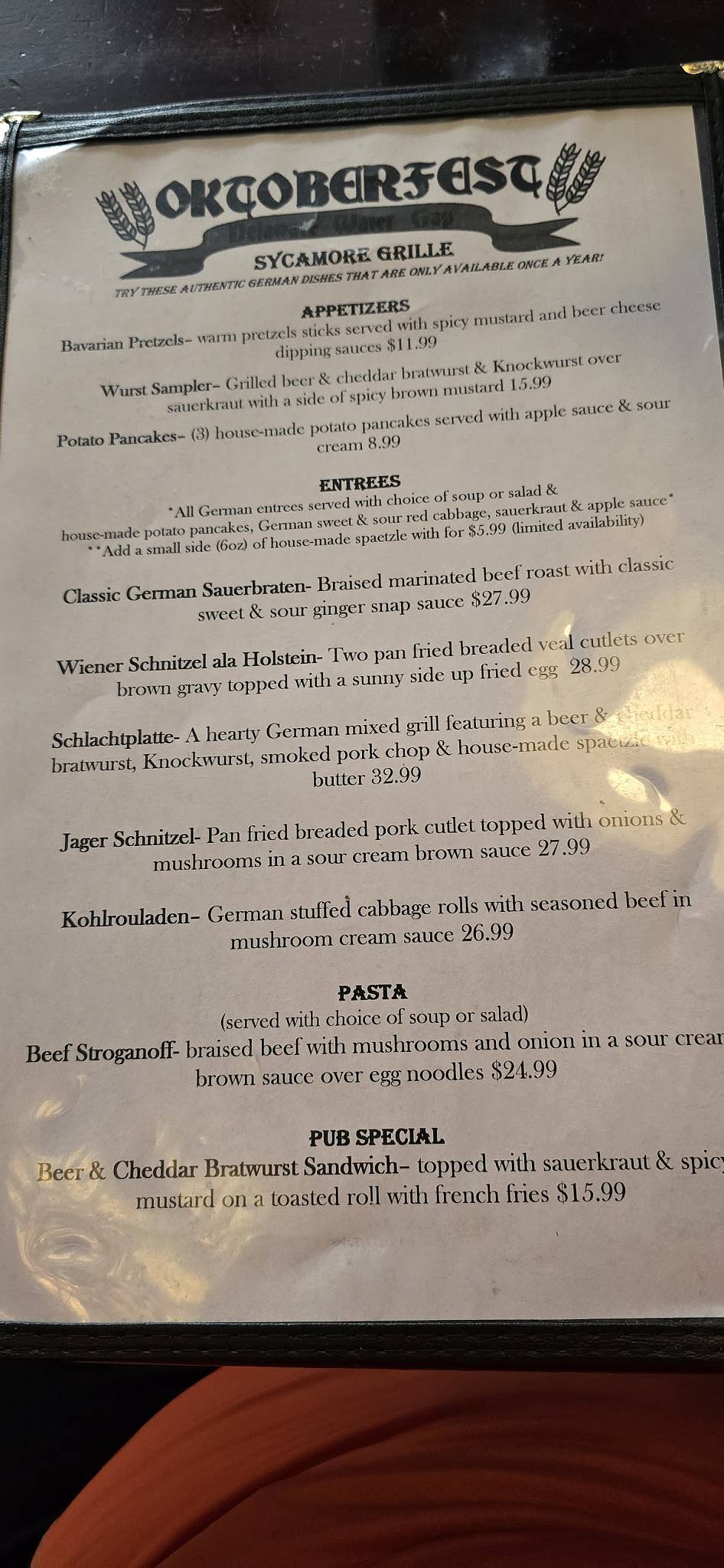 Menu at Sycamore Grille pub & bar, Delaware Water Gap