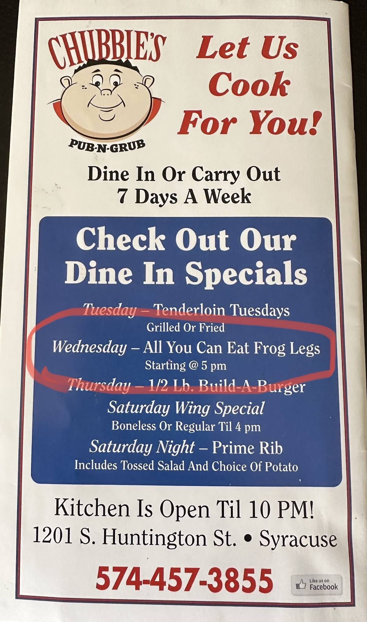 Menu at Chubbies Pub And Grub, Syracuse