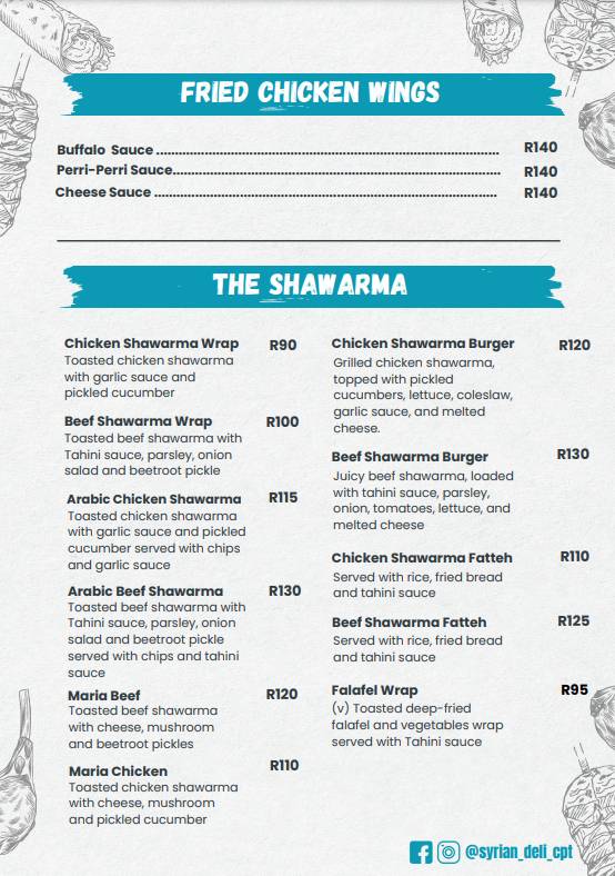 Menu at Syrian Deli Cape Town restaurant, Cape Town