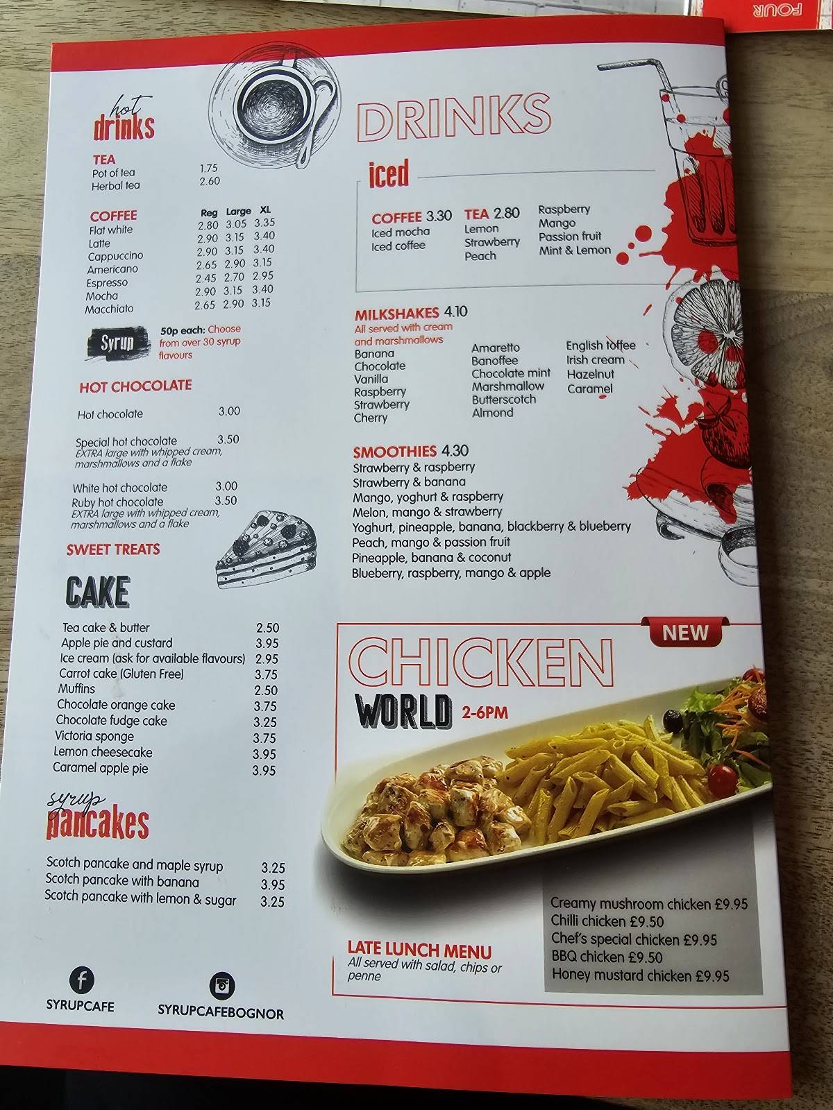 Menu at Syrup cafe, Bognor Regis