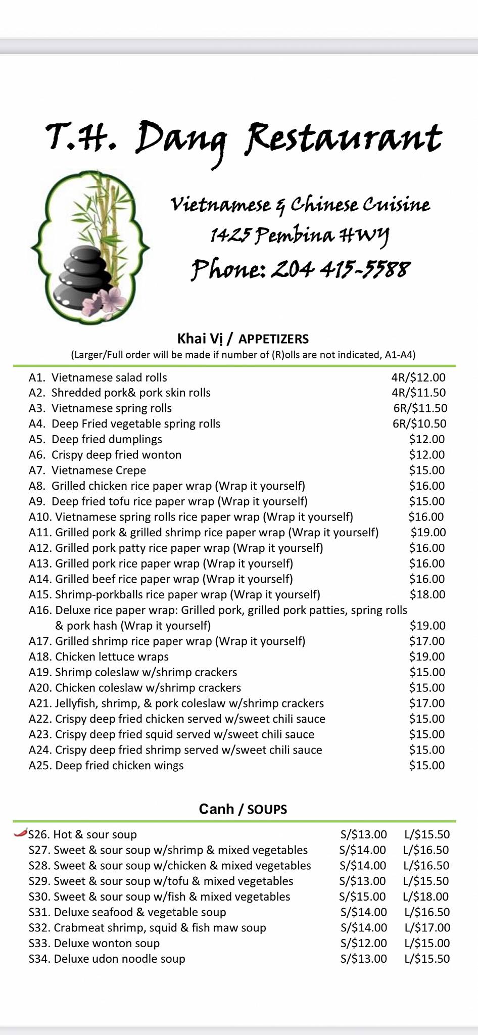 Menu at T.H. Dang Restaurant, Winnipeg
