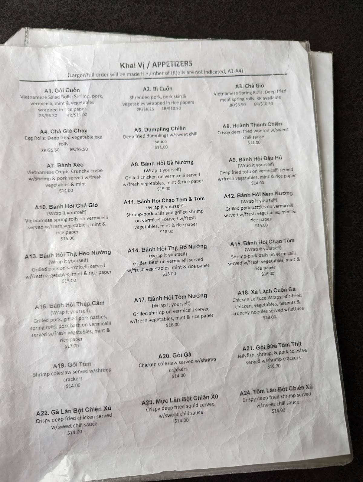 Menu at T.H. Dang Restaurant, Winnipeg