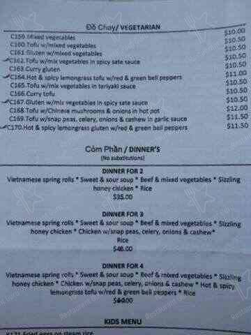Menu at T.H. Dang Restaurant, Winnipeg