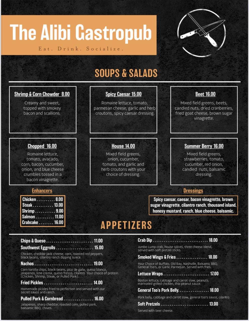 Menu at THE ALIBI GASTROPUB, Centreville