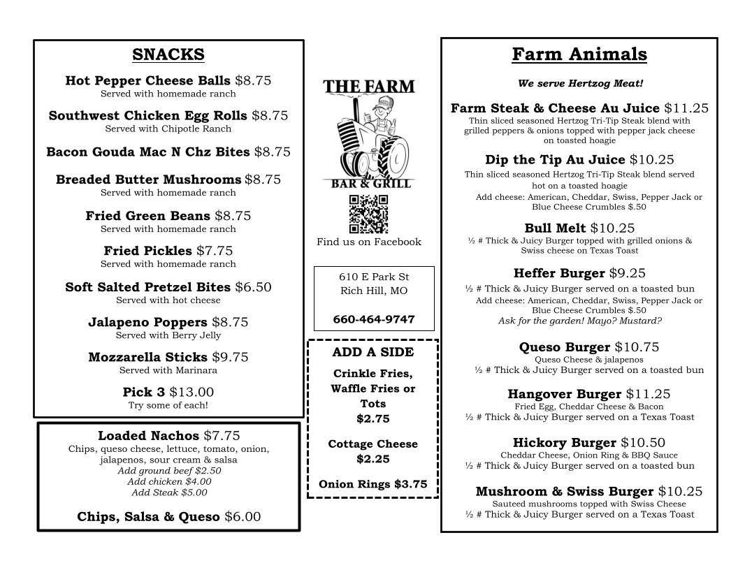 Menu at THE FARM Bar and Grill, Rich Hill