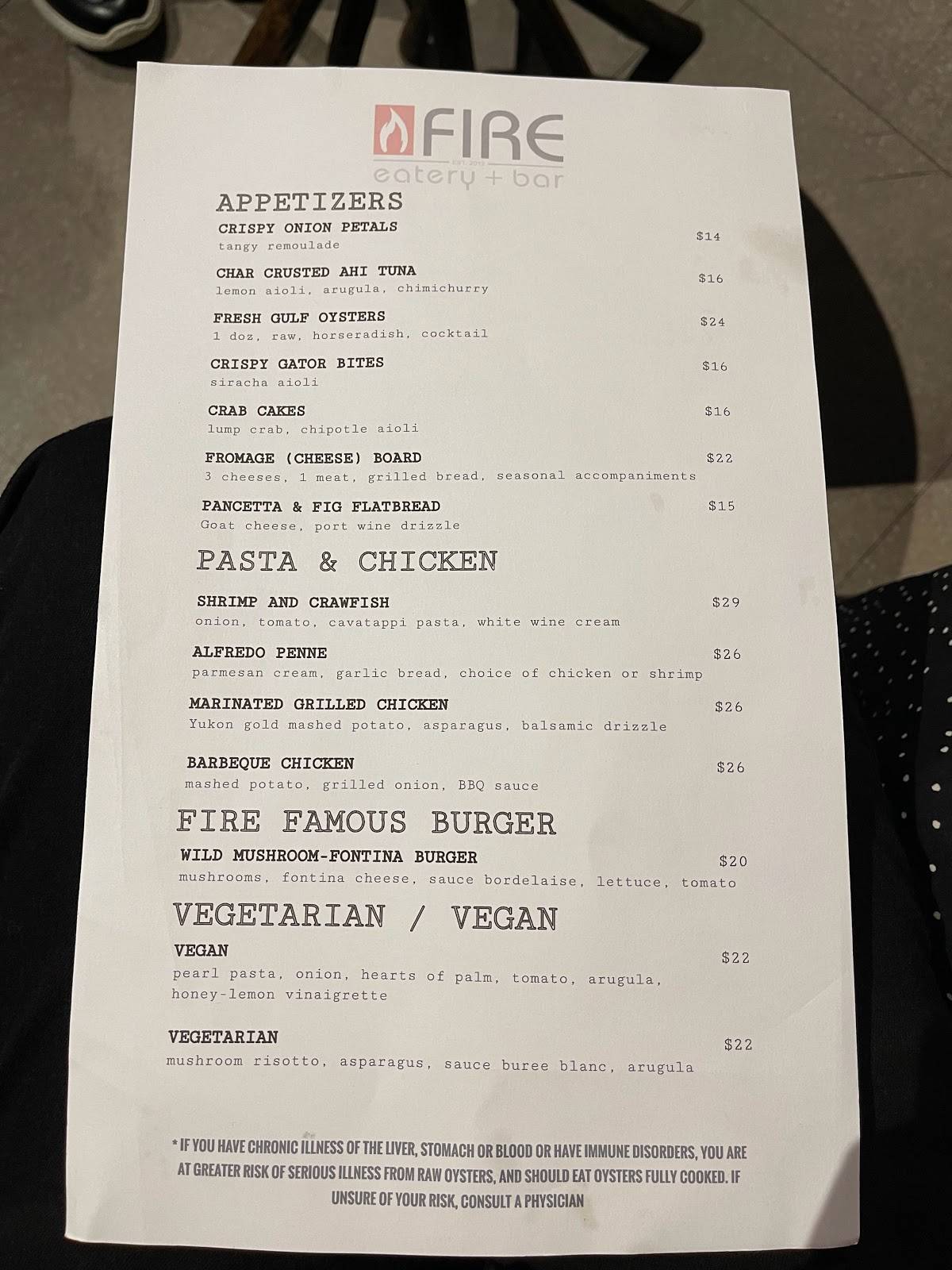 Menu at The Fire Restaurant, Winter Haven