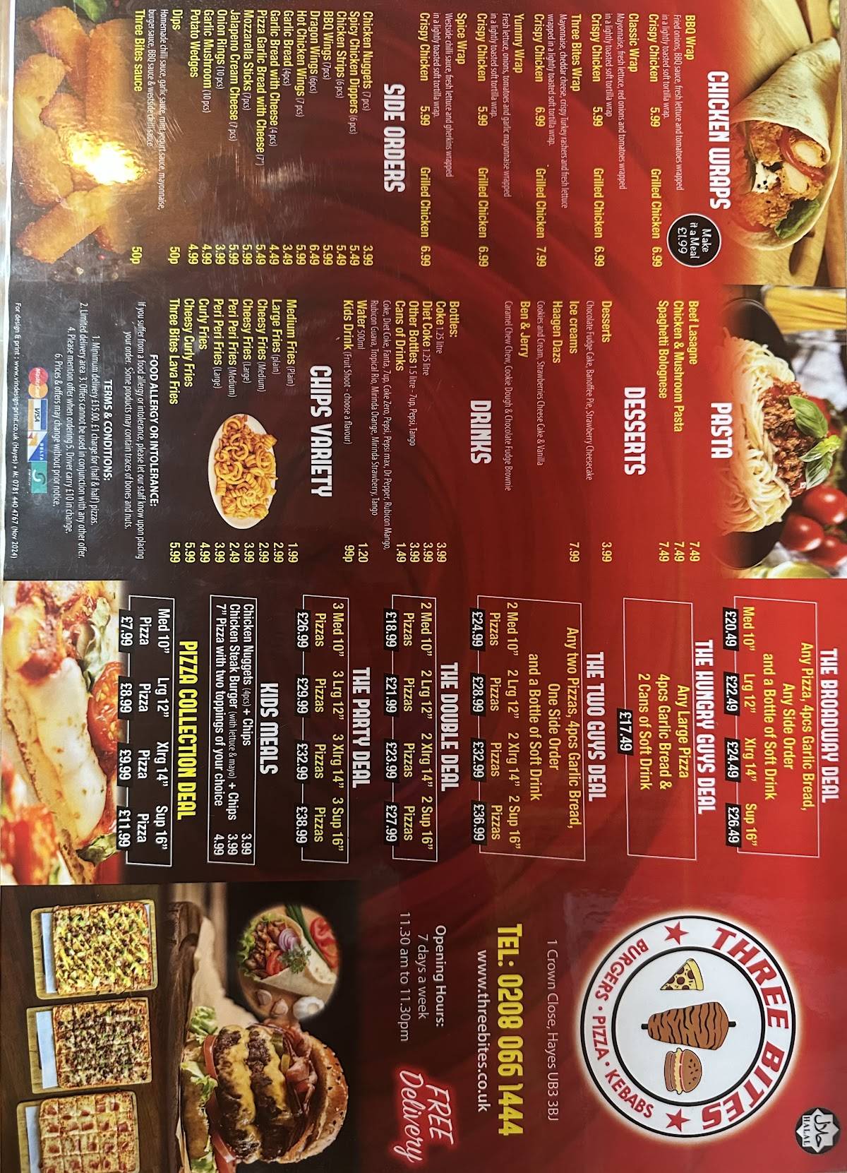 Menu at THREE BITES restaurant, Hayes