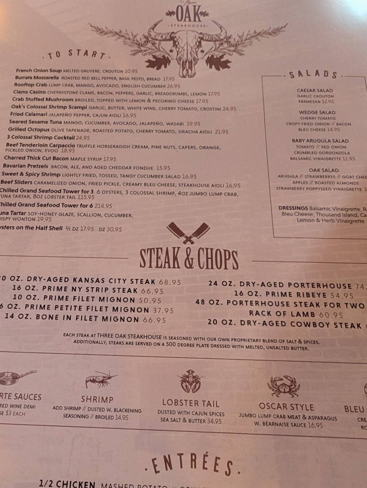 Menu at THREE OAK Steakhouse, Easton