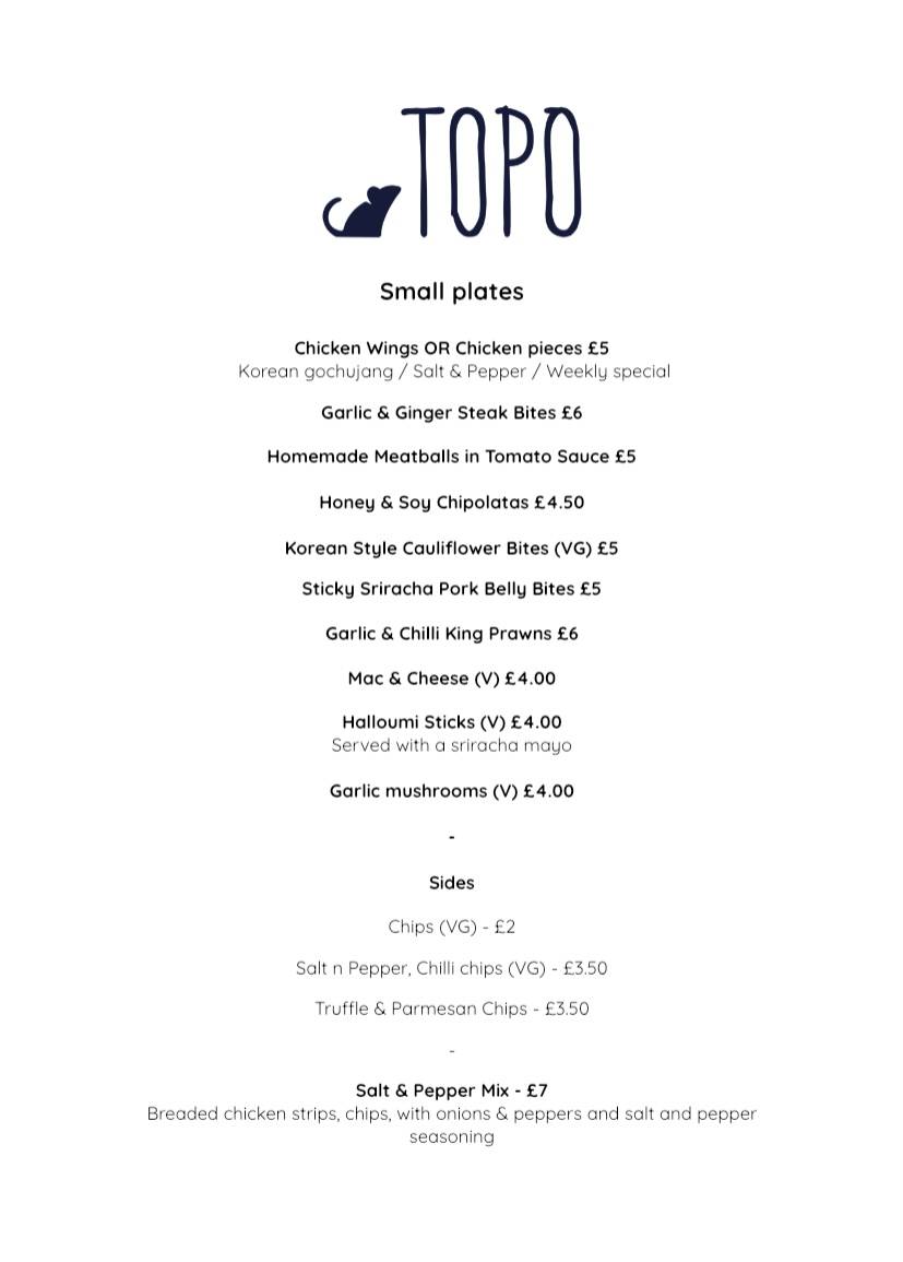 Menu at TOPO restaurant, Blackpool