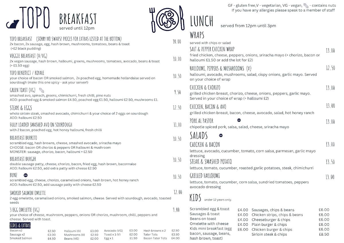 Menu at TOPO restaurant, Blackpool
