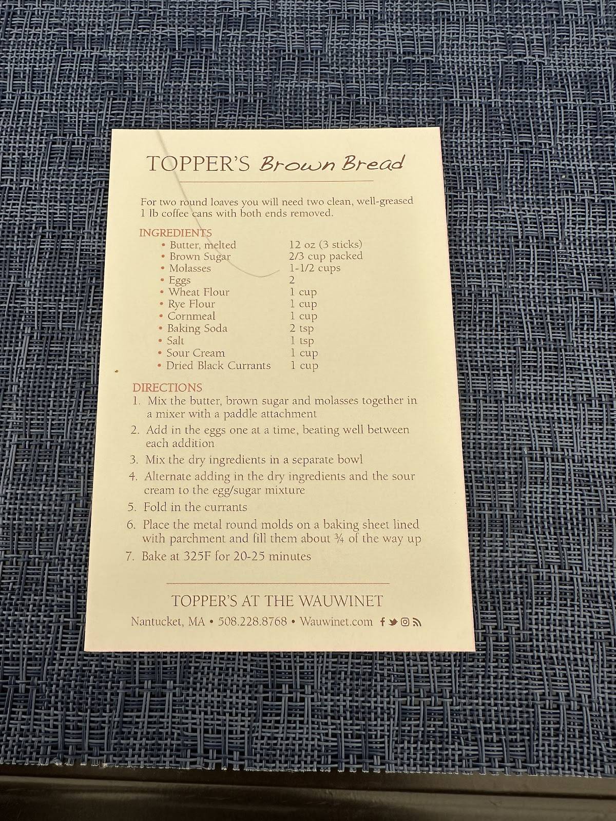 Menu at TOPPER'S restaurant, Nantucket