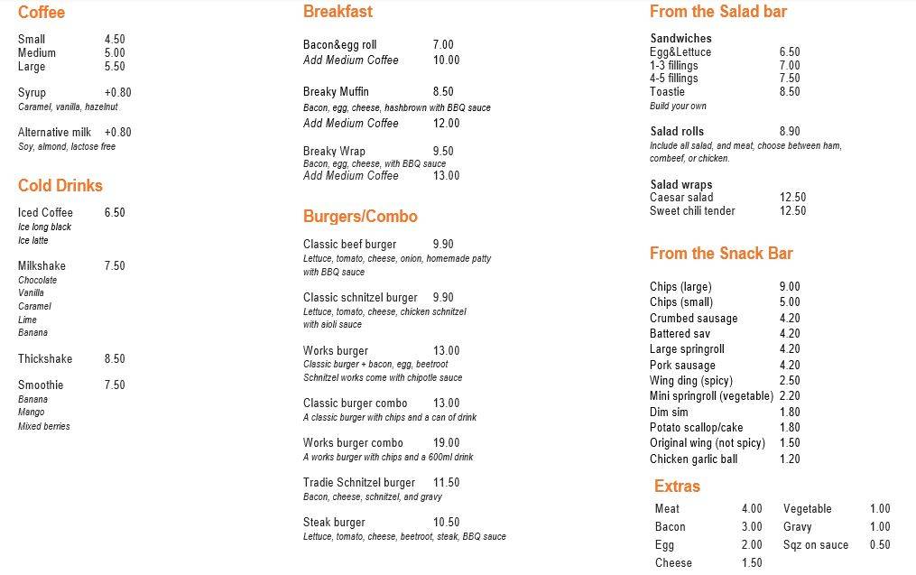 Menu at TRADIE CANTEEN, Carrara
