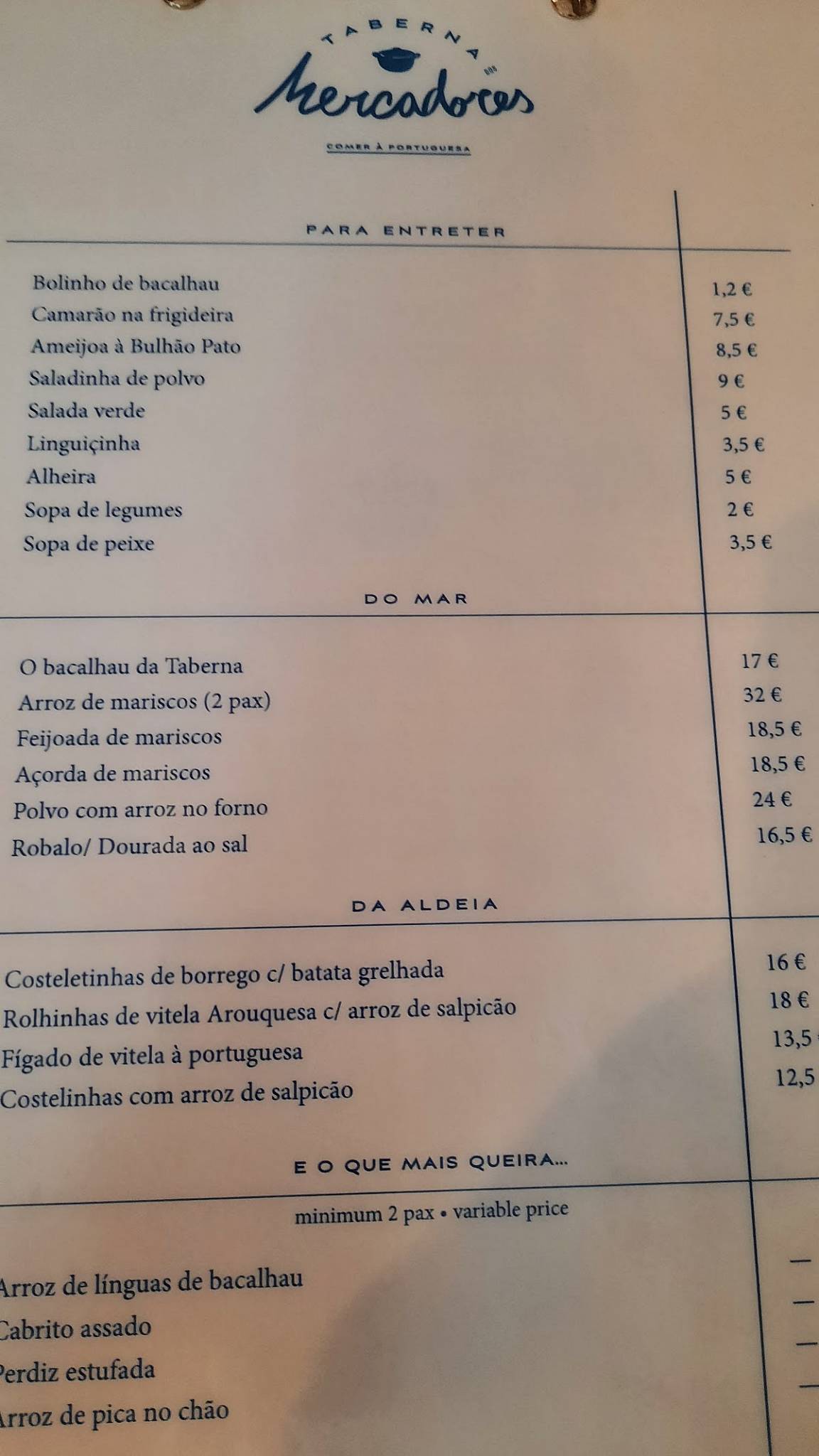 Menu at Taberna Dos Mercadores restaurant, Porto