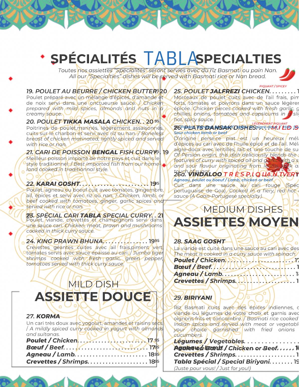 Menu au Tabla Village restaurant, Montréal