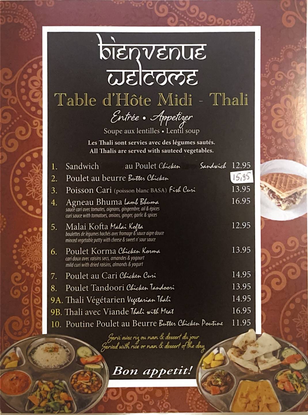 Menu at Tabla Village Indian Restaurant, Montréal