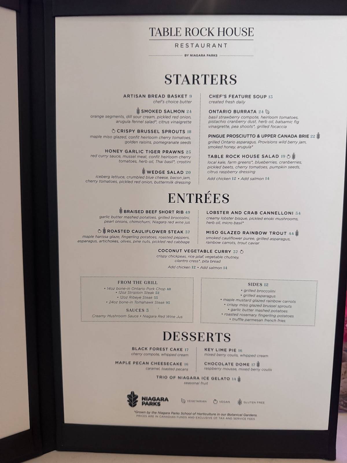 Menu at Table Rock House Restaurant, Niagara Falls
