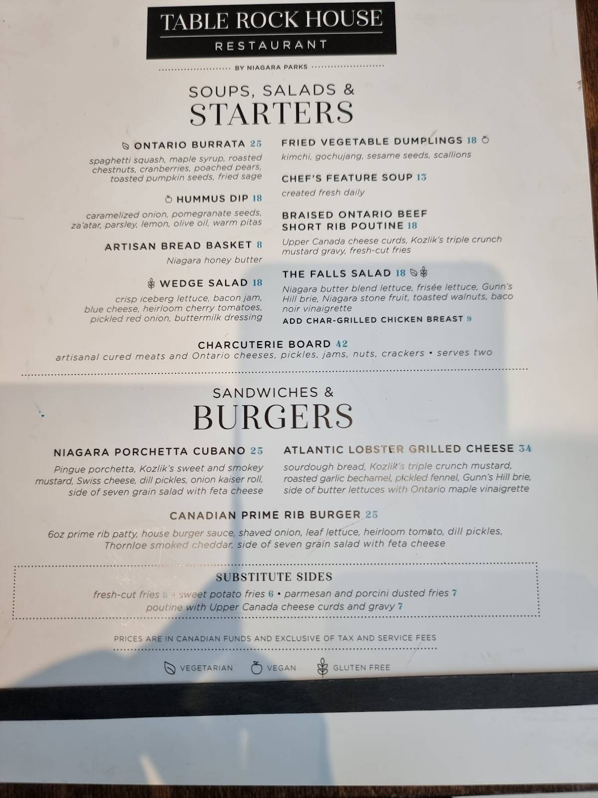 Menu at Table Rock House Restaurant, Niagara Falls