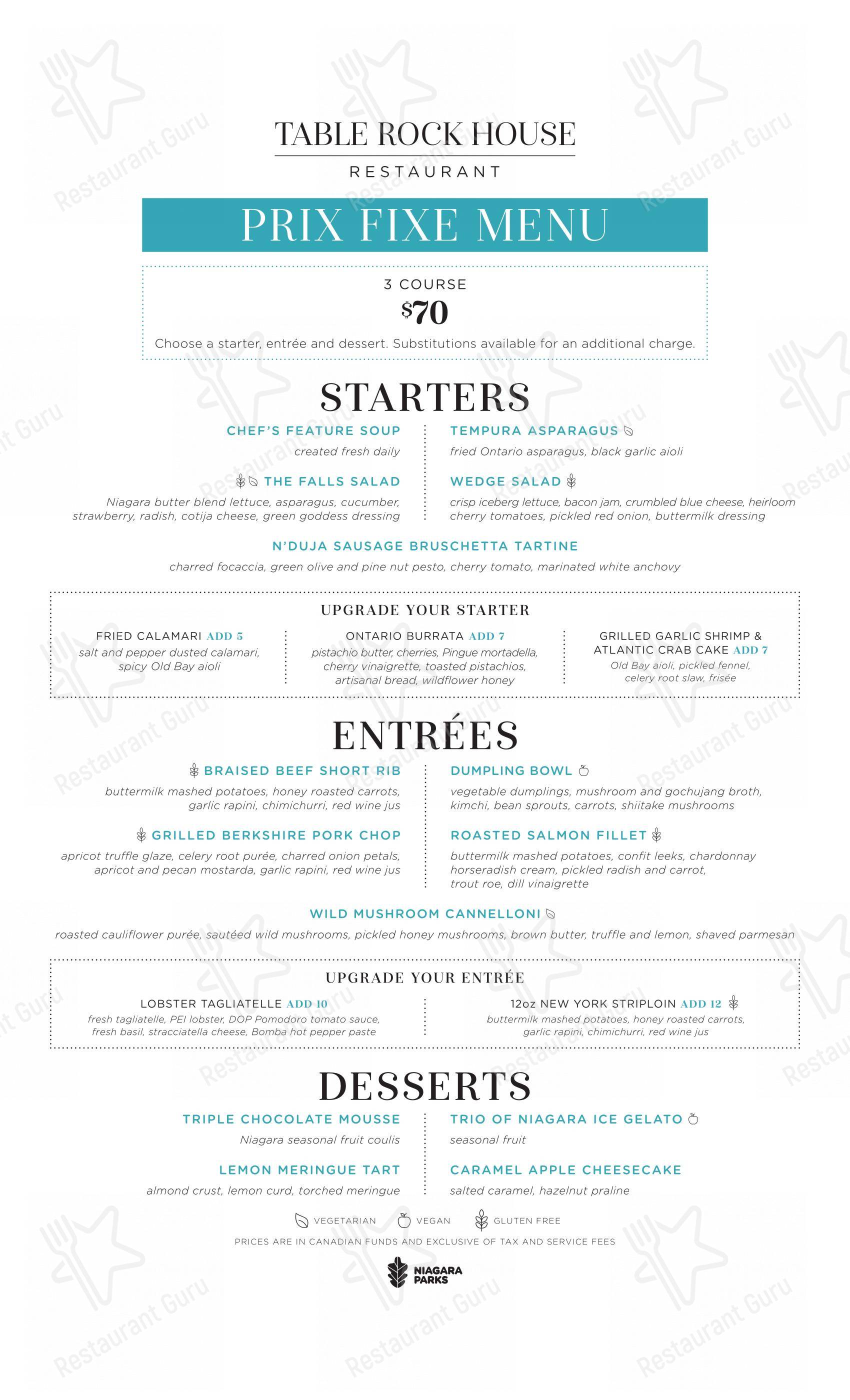 Menu at Table Rock House Restaurant, Niagara Falls