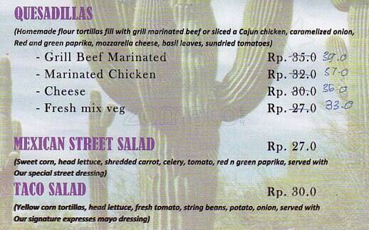 Menu at Taco Express restaurant, Jakarta, Jl. Benda Raya No. 10