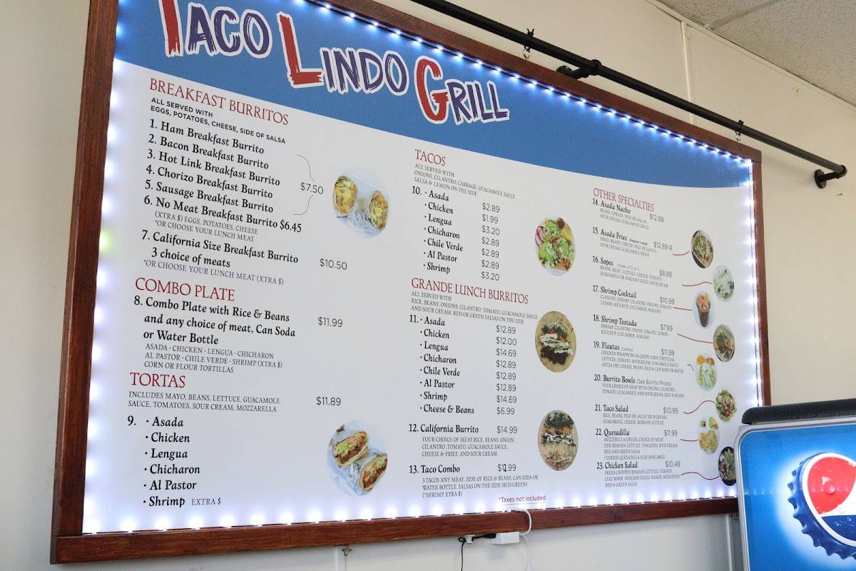 Menu at Taco Lindo Grill restaurant, Fresno
