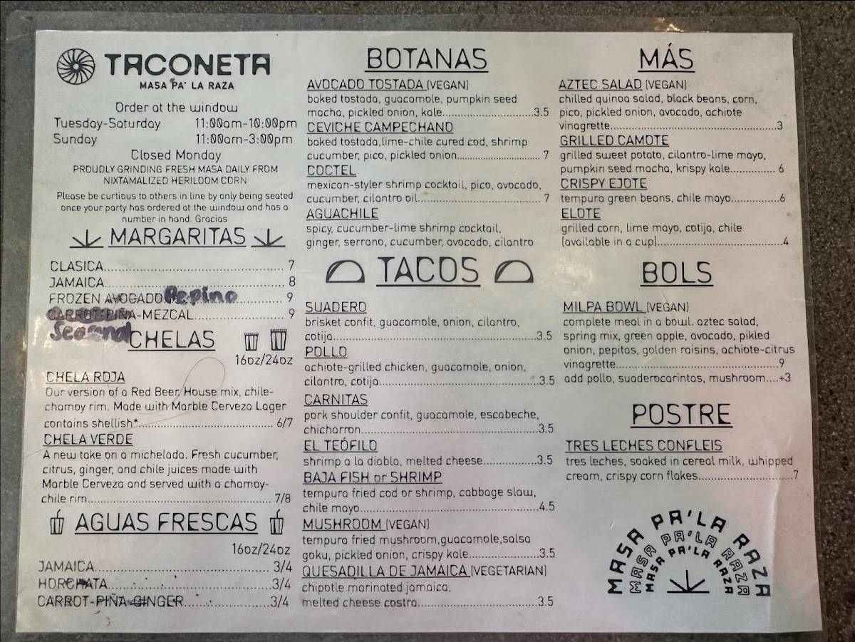 Menu at Taconeta restaurant, El Paso